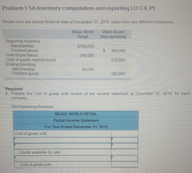 Solved Problem 1-5A Inventory computation and reporting LO | Chegg.com