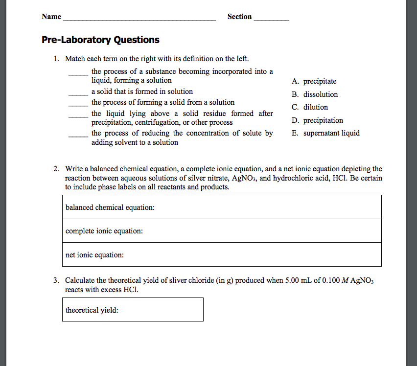 Solved Name Section Pre-Laboratory Questions 1. Match each | Chegg.com