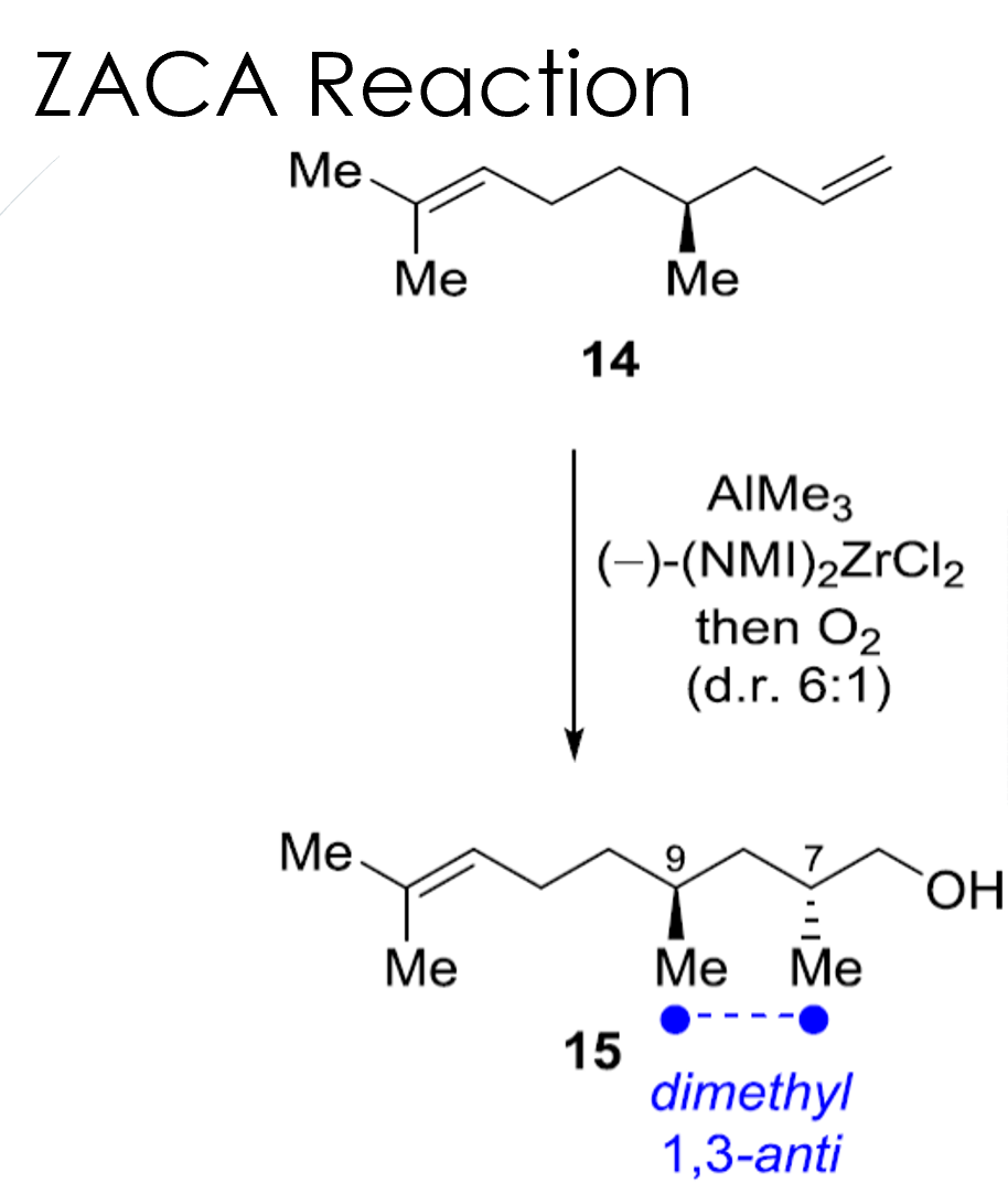 Solved ZACA Reaction Me Me Me 14 AlMez (-)-(NMI)2ZrCl2 then | Chegg.com