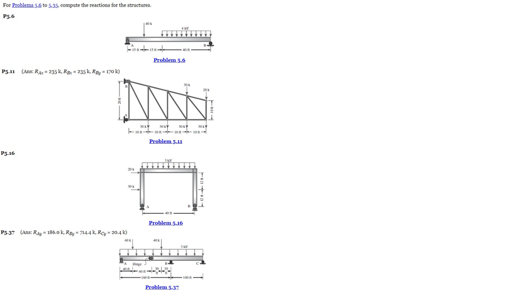 Solved For Problems 5,6 to 5.35, compute the reactions for | Chegg.com
