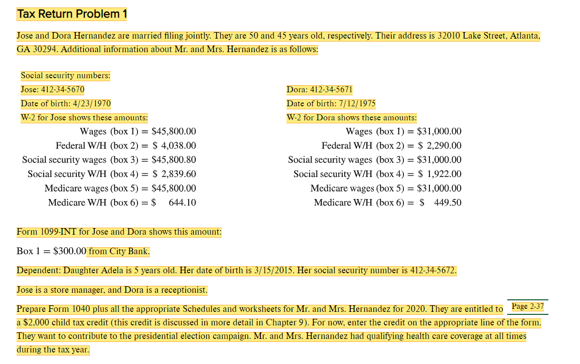 Solved Tax Return Problem 1 Jose and Dora Hernandez are | Chegg.com