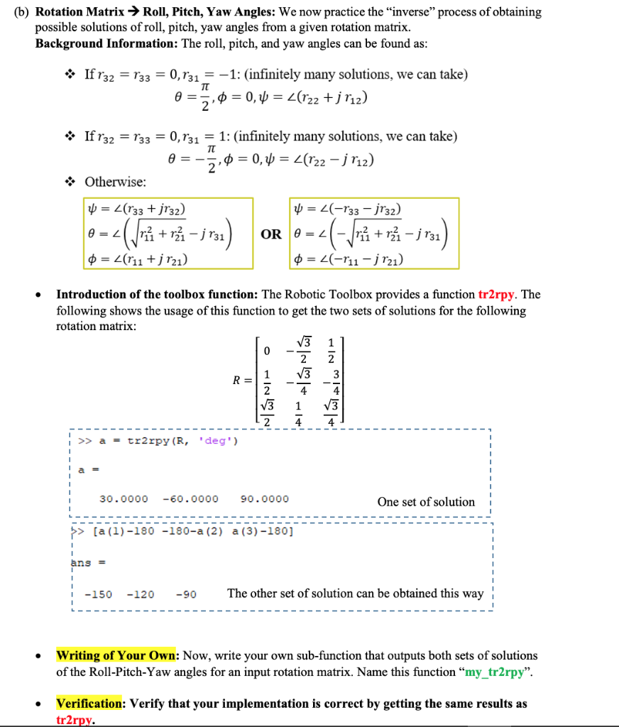 Solved (b) Rotation Matrix → Roll, Pitch, Yaw Angles: We now | Chegg.com