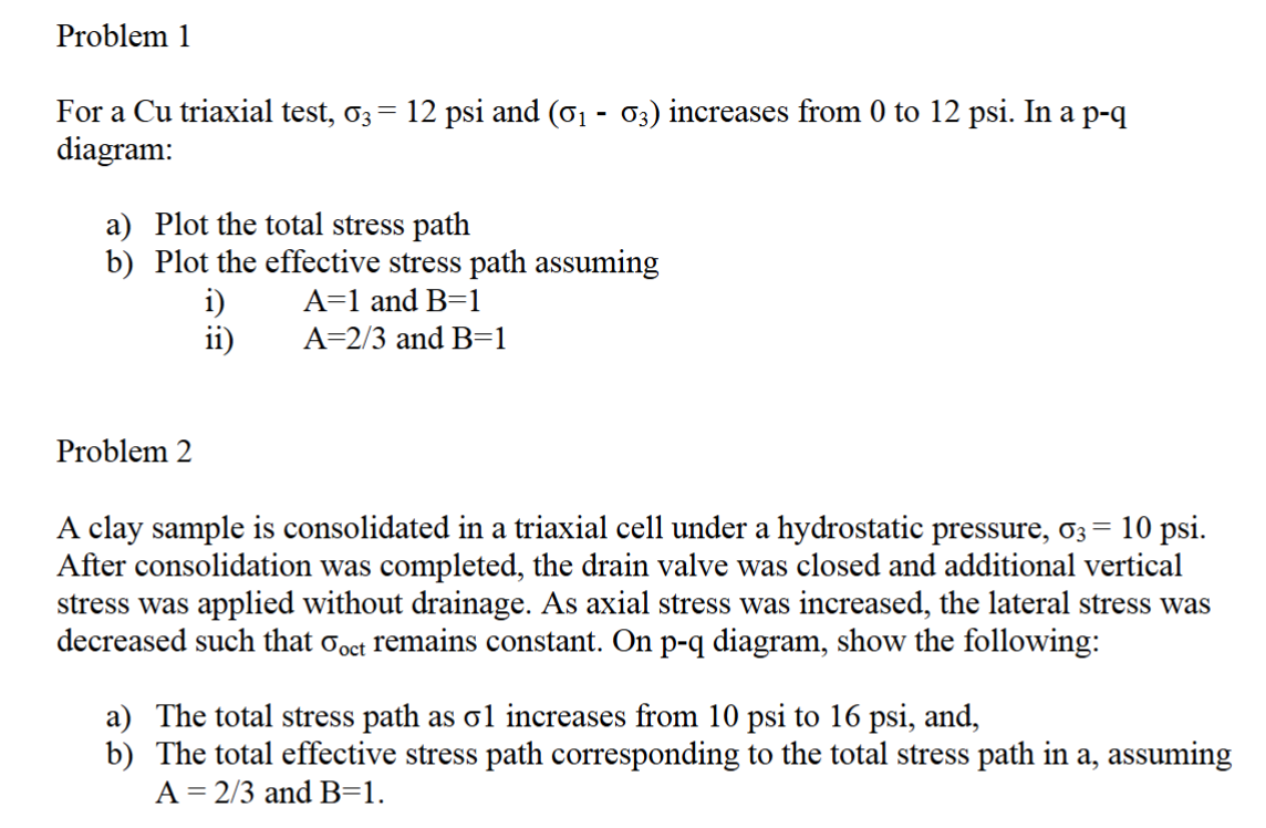 Solved by an EXPERT Problem 1For a Cu triaxial test, \sigma _(3)=12\psi ...