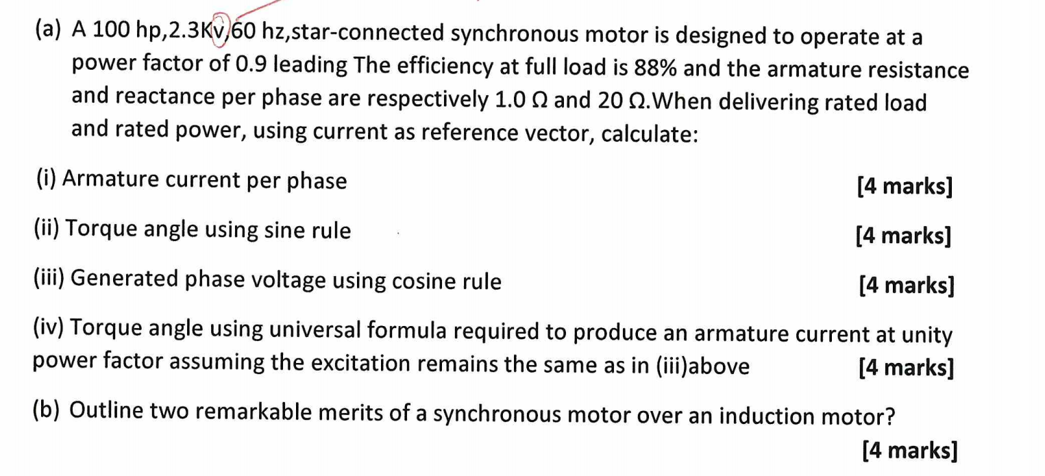 Solved A 100hp,2.3Kv,60hz,star-connected synchronous motor | Chegg.com