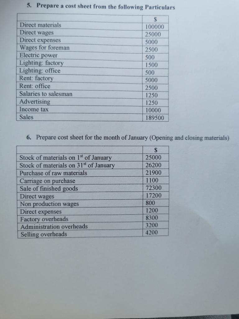 Solved 5. Prepare a cost sheet from the following | Chegg.com