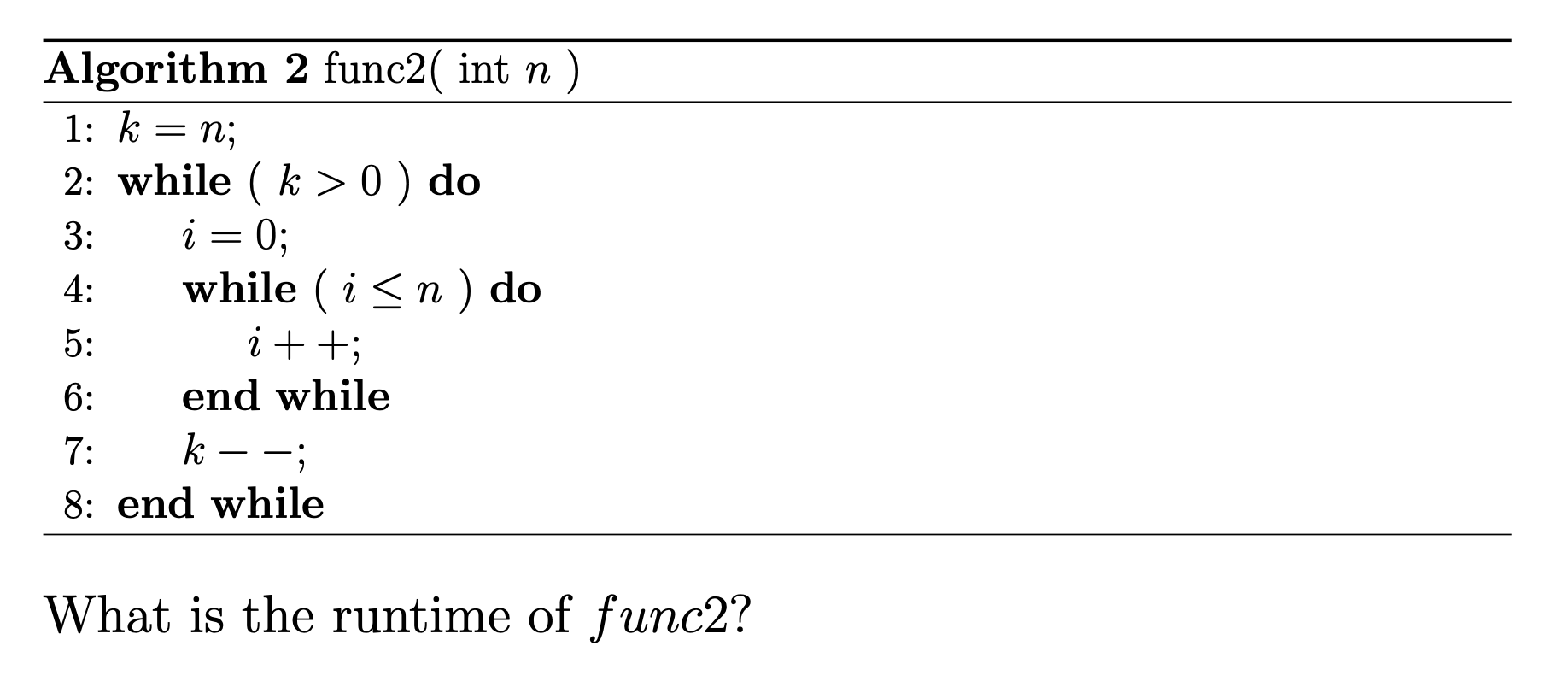 Solved Algorithm 2 func2( int n) 1: k=n; 2: while ( k > 0 ) | Chegg.com