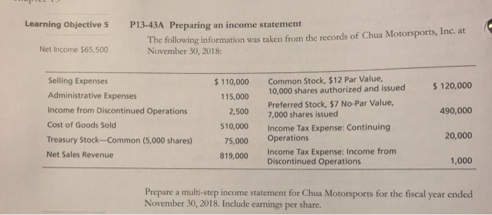 Solved Learning Objective 5 P13-43A Preparing an income | Chegg.com