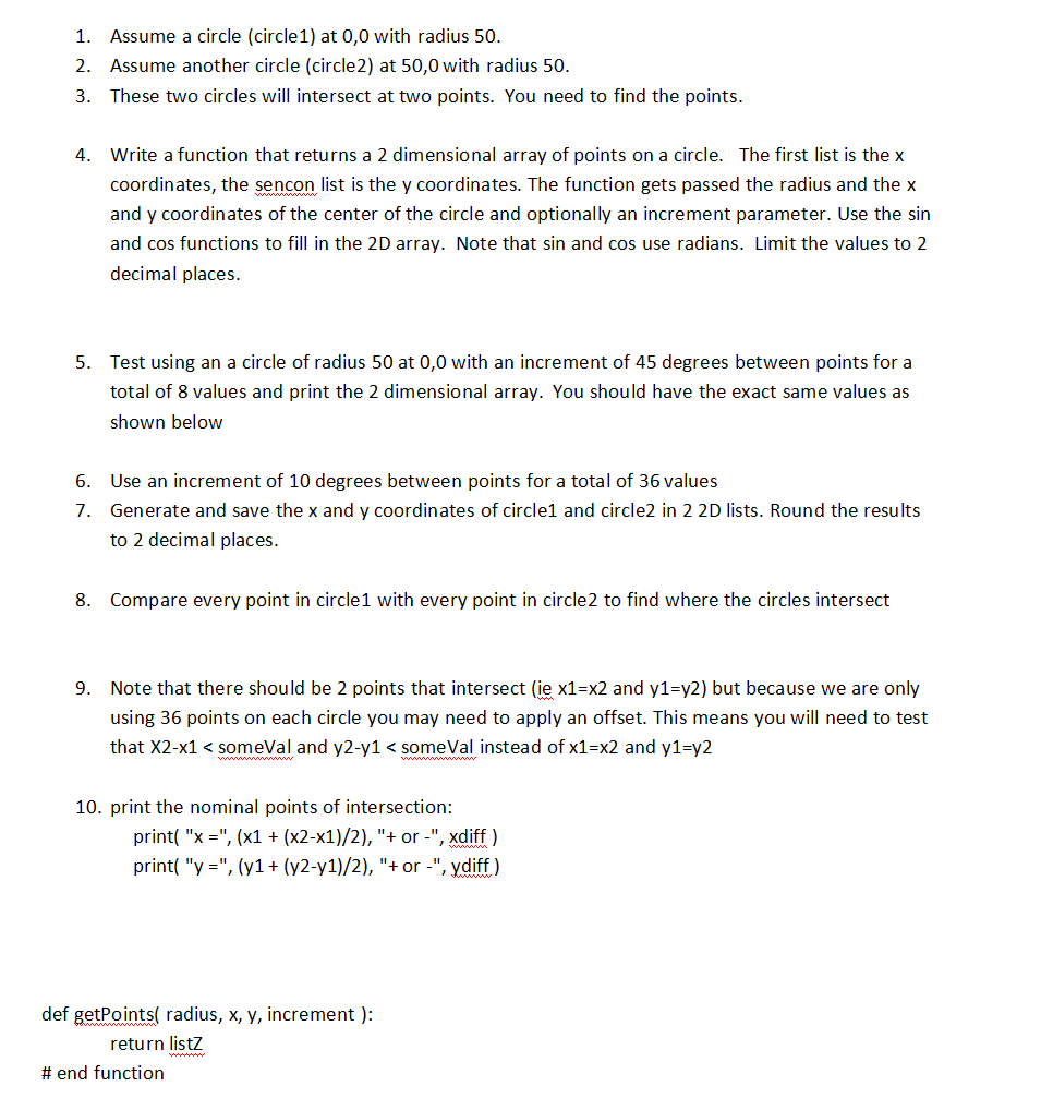 Solved 1. Assume a circle (circle1) at 0,0 with radius 50. | Chegg.com
