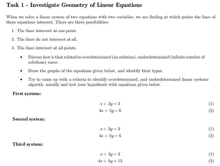 Solved Task 1 - Investigate Geometry of Linear Equations | Chegg.com