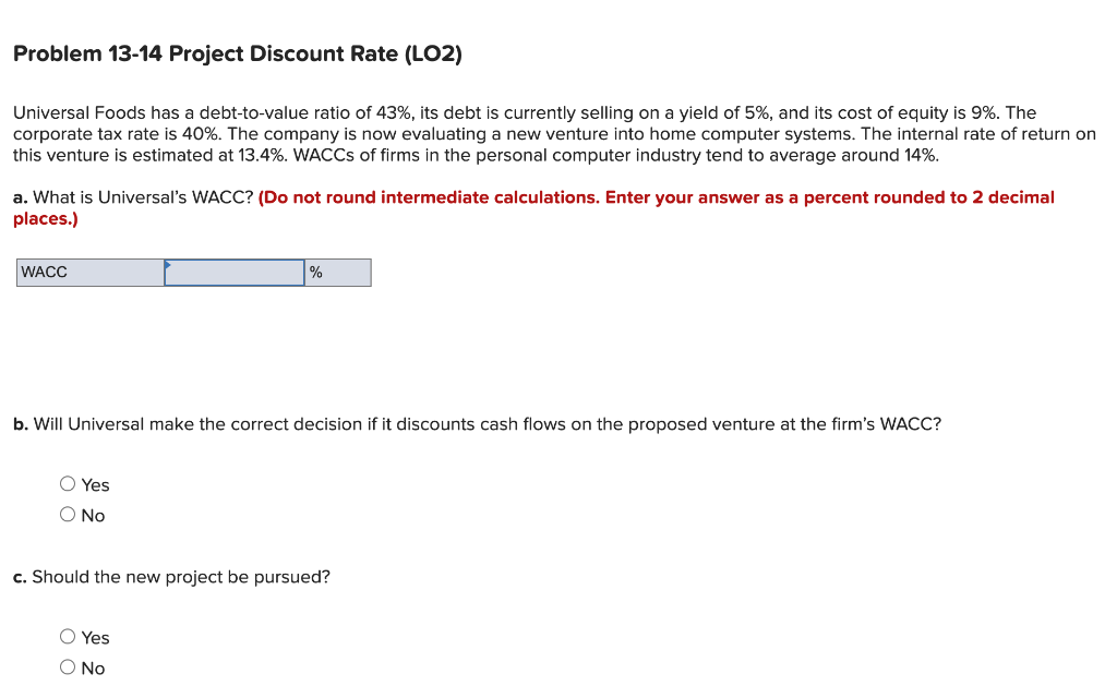 Solved Problem 13-14 Project Discount Rate (LO2) Universal | Chegg.com