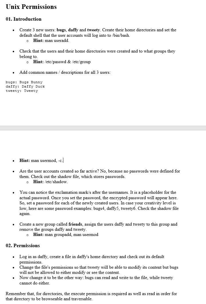 Solved Unix Permissions 01. Introduction Create 3 new users: | Chegg.com
