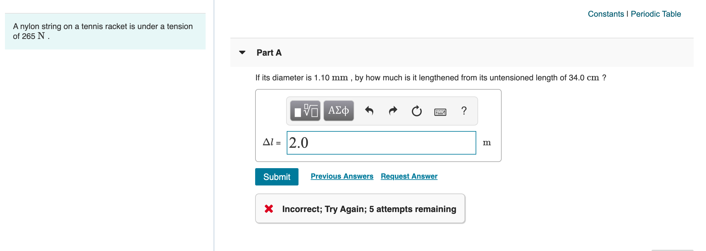 Solved Constants | Periodic Table A nylon string on a tennis | Chegg.com