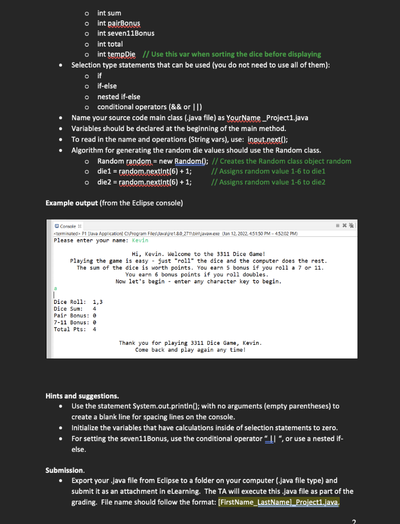 Solved Project: Project 1 - 3311 Dice Game Total Points | Chegg.com
