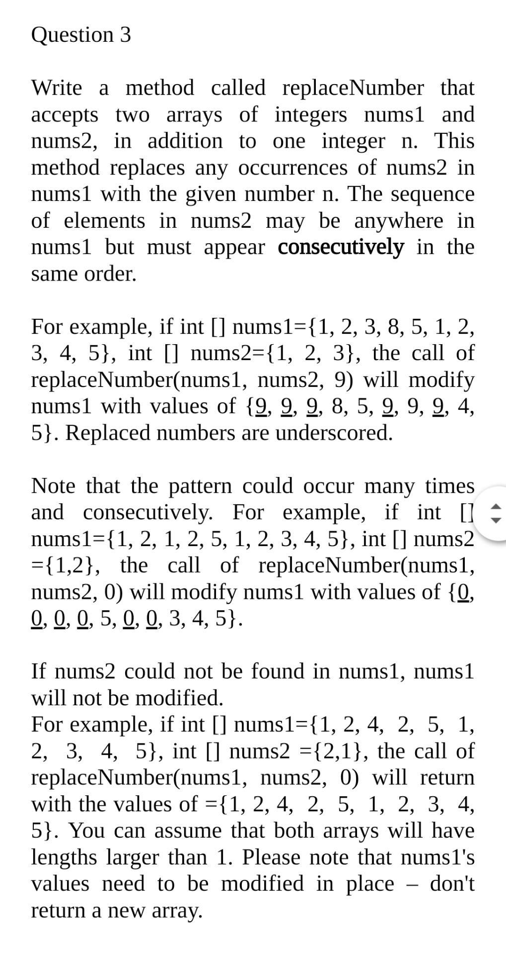 Solved Question 3 Write a method called replaceNumber that | Chegg.com