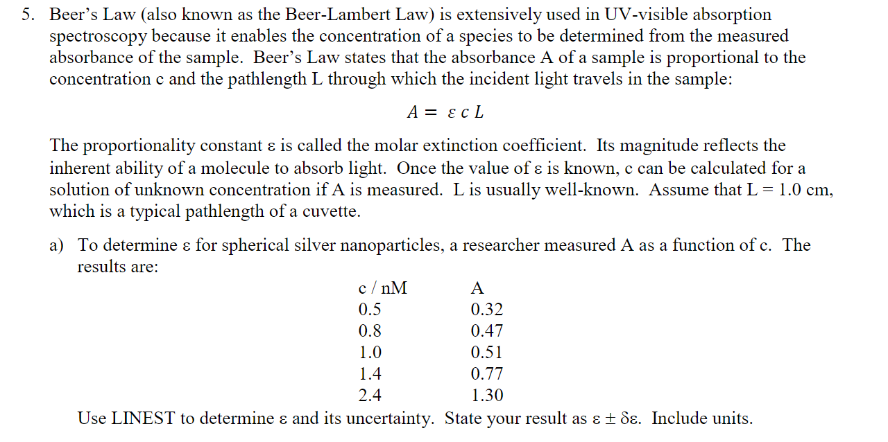 Solved Beer's Law (also known as the Beer-Lambert Law) is | Chegg.com