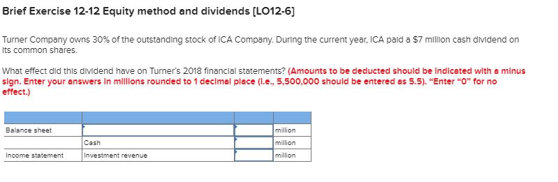 Solved Brief Exercise 12-12 Equity method and dividends | Chegg.com Solved Brief Exercise 12-12 Equity method and dividends | Chegg.com