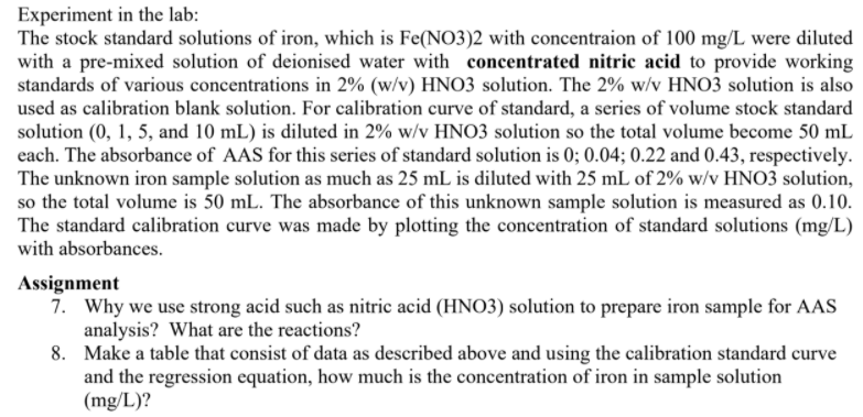 Solved Experiment in the lab: The stock standard solutions | Chegg.com