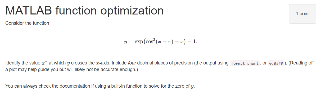 Solved MATLAB function optimization 1 point Consider the | Chegg.com