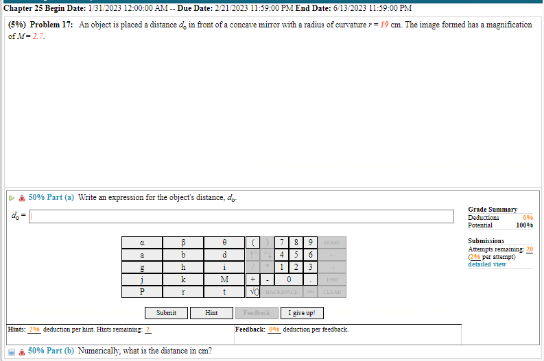 Solved (5\%) Problem 17: An object is placed a distance d0 | Chegg.com