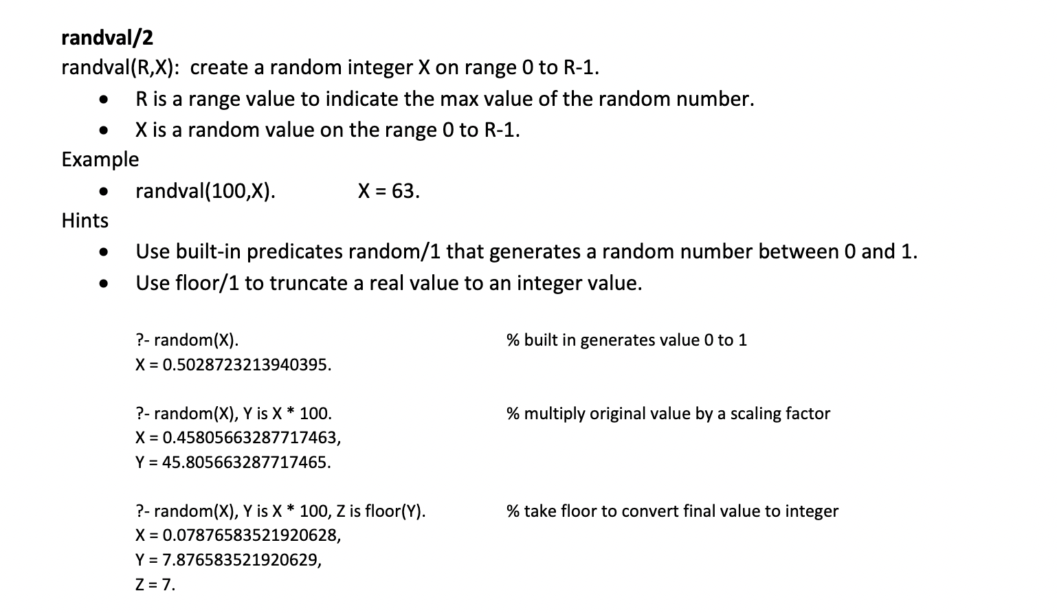 Solved randval/2 randval (R,X) : create a random integer X | Chegg.com