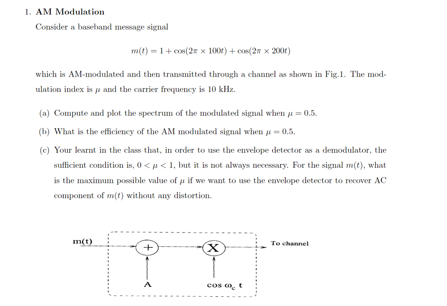Solved 1. AM Modulation Consider a baseband message signal | Chegg.com