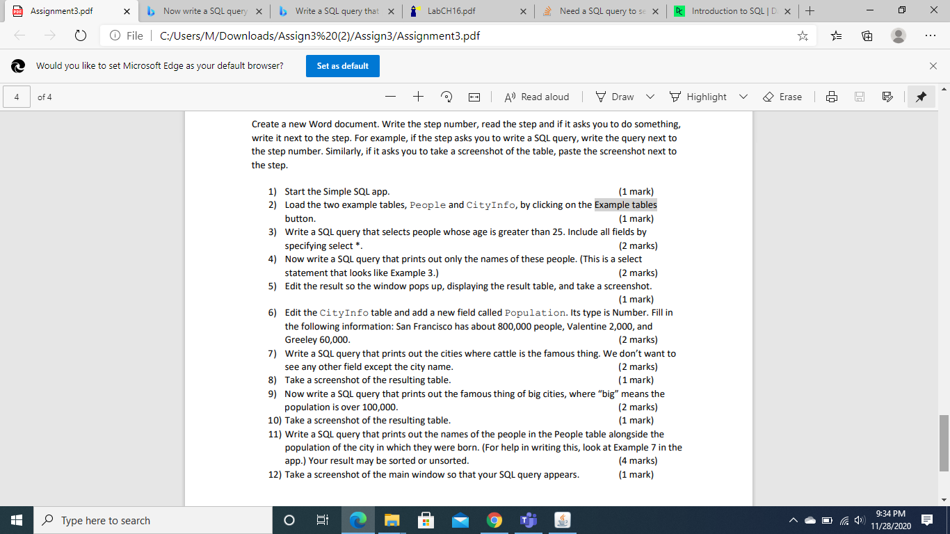 Solved De Assignment3 Pdf х Now Write A Sql Query X Write A