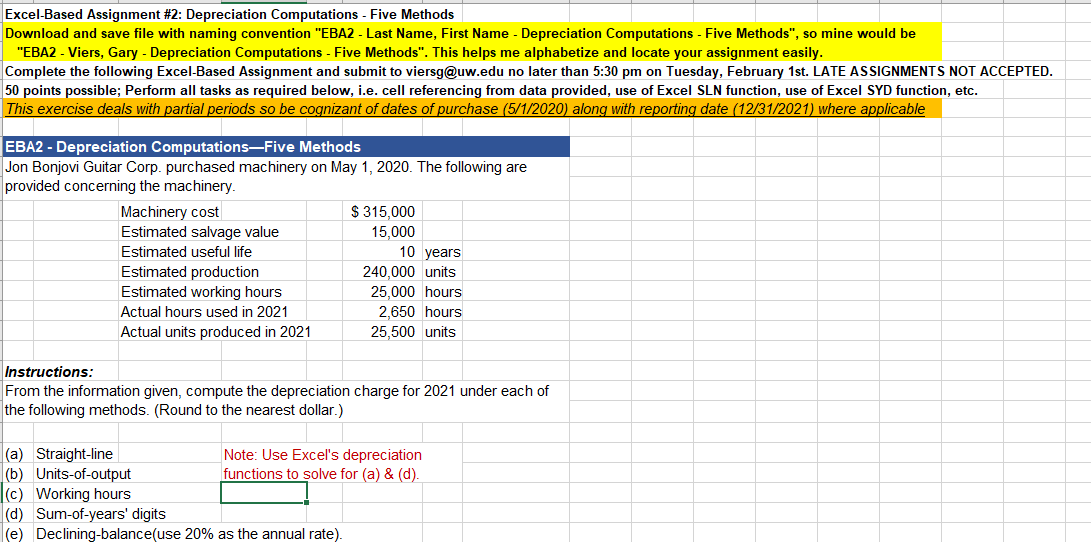 Solved Excel-Based Assignment #2: Depreciation Computations | Chegg.com
