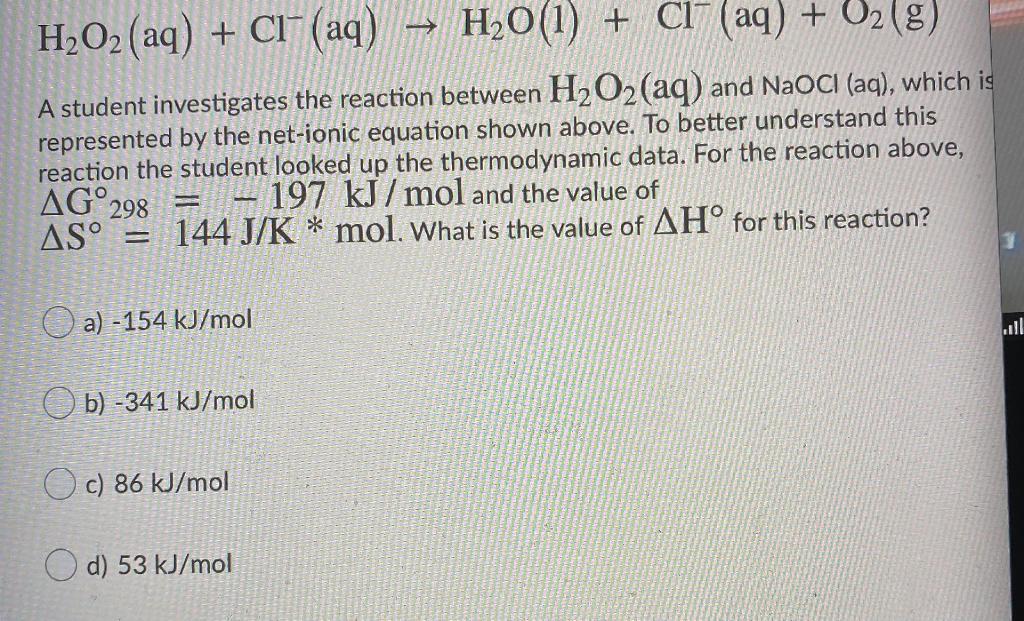 Solved H2O2(aq) + C1- (aq) H2O(1) + C+ (aq) + O2(g) A | Chegg.com