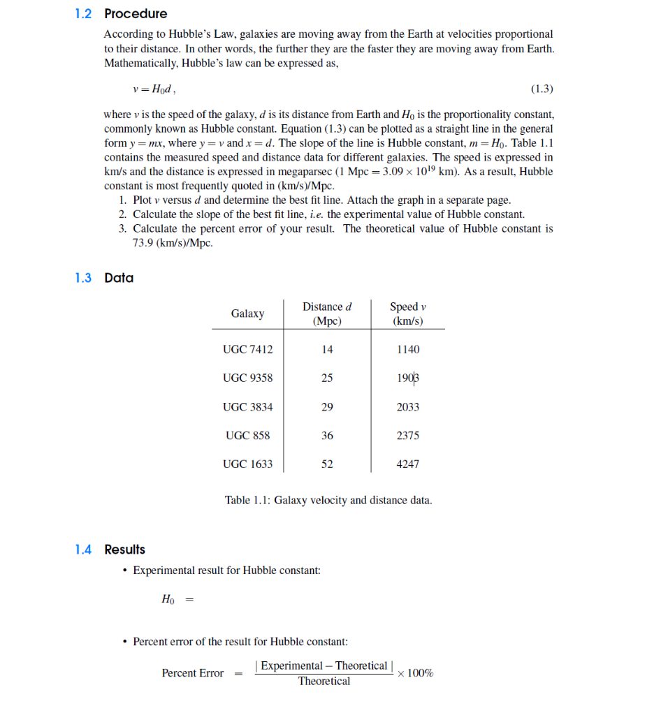 Solved 1.2 Procedure According to Hubble's Law, galaxies are | Chegg.com