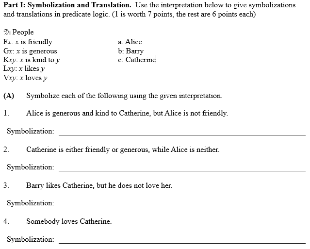 Solved Part I: Symbolization and Translation. Use the | Chegg.com