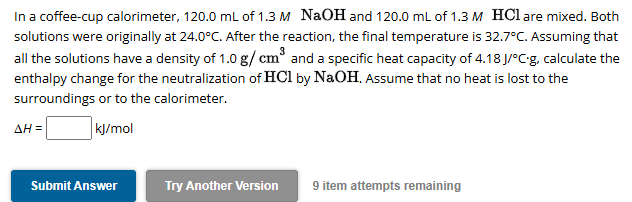 Solved In a coffee-cup calorimeter, 120.0 ﻿mL of 1.3 ﻿M NaOH | Chegg.com