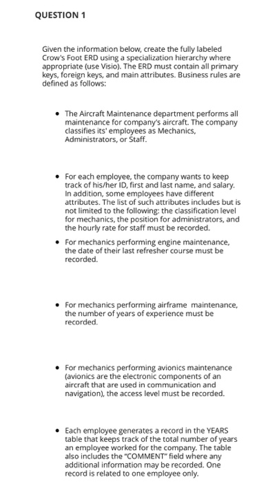 Solved QUESTION 1 Given the information below, create the | Chegg.com