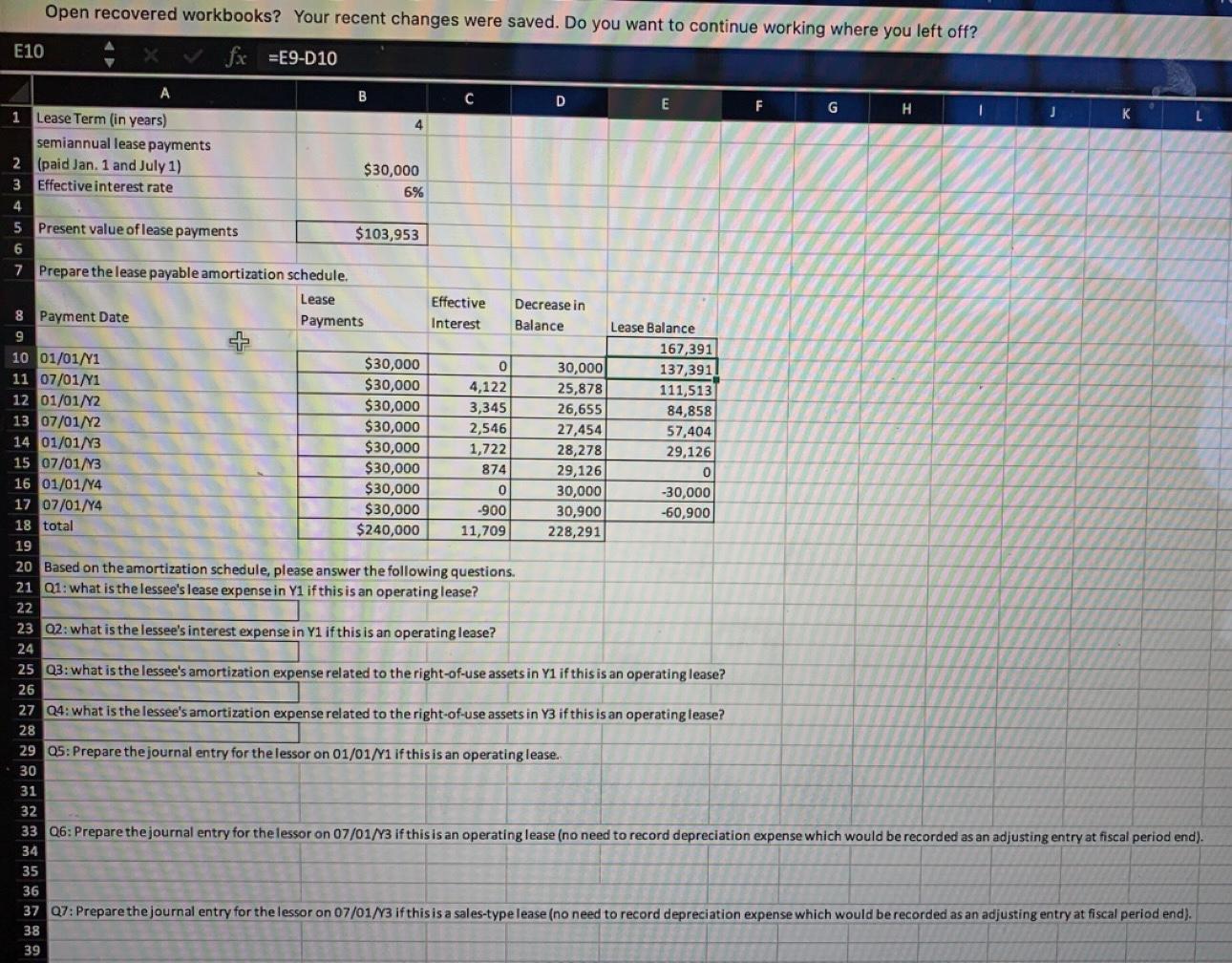 Open recovered workbooks? Your recent changes were | Chegg.com