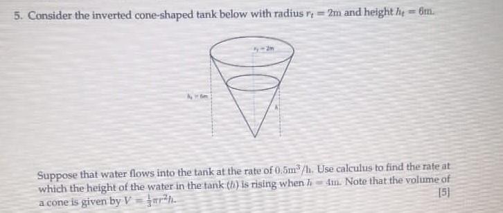 Solved 5. Consider the inverted cone-shaped tank below with | Chegg.com