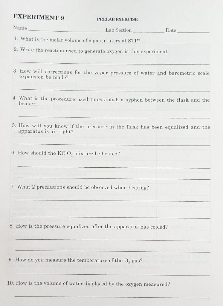 Solved EXPERIMENT 9 PRELAB EXERCISE Name Lab Section Date 1. | Chegg.com
