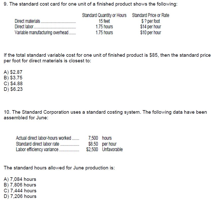 Solved 9. The standard cost card for one unit of a finished | Chegg.com