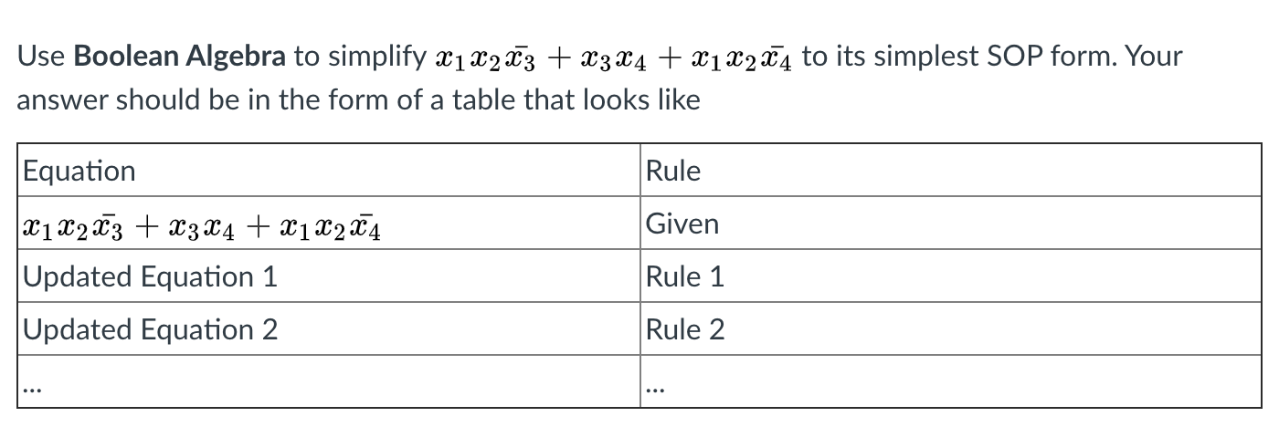 Solved Use Boolean Algebra to simplify X1 X2 73 + x3 x4 + X1 | Chegg.com