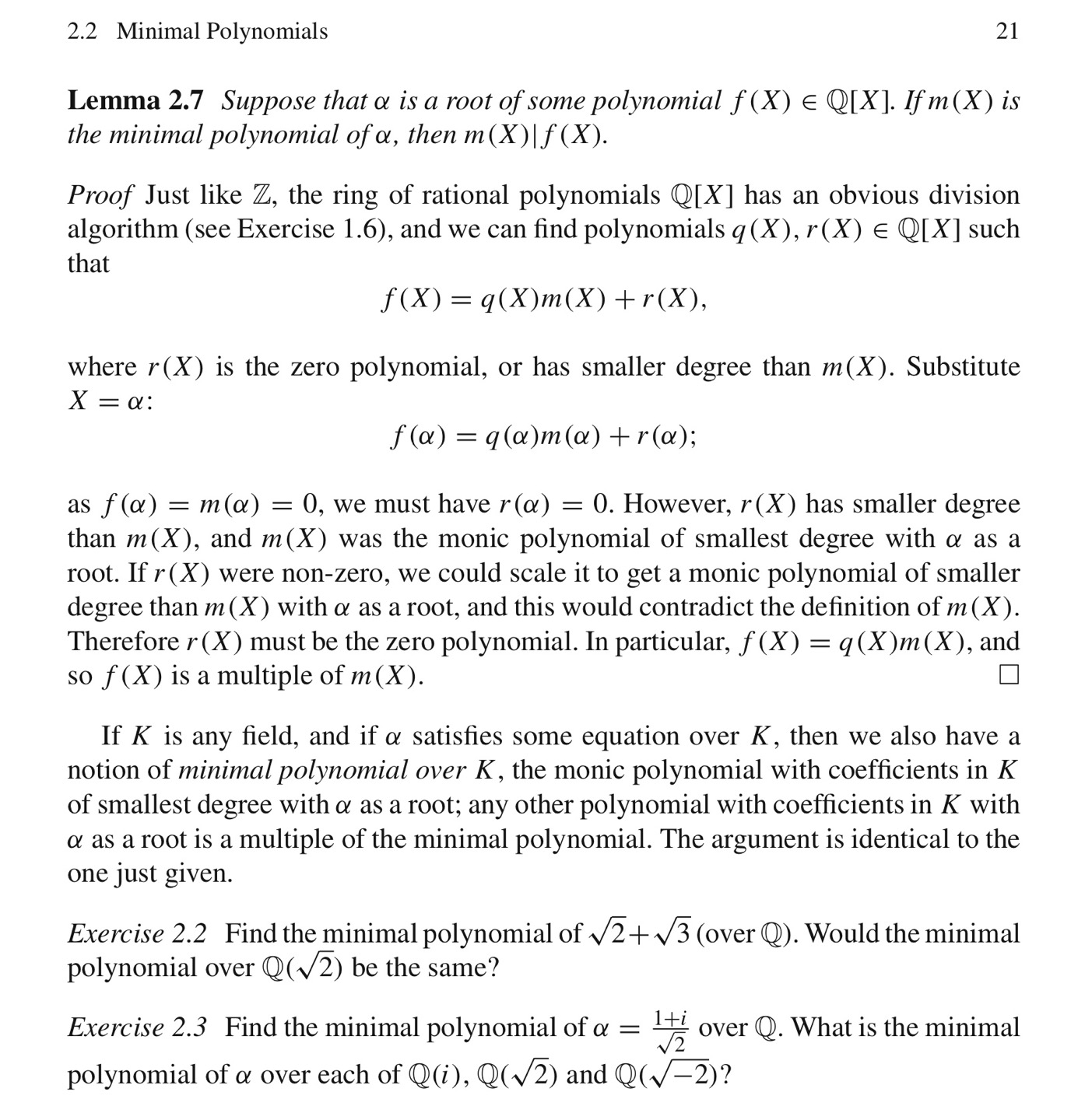 Solved 2.2 Minimal Polynomials 21 Lemma 2.7 Suppose that α | Chegg.com