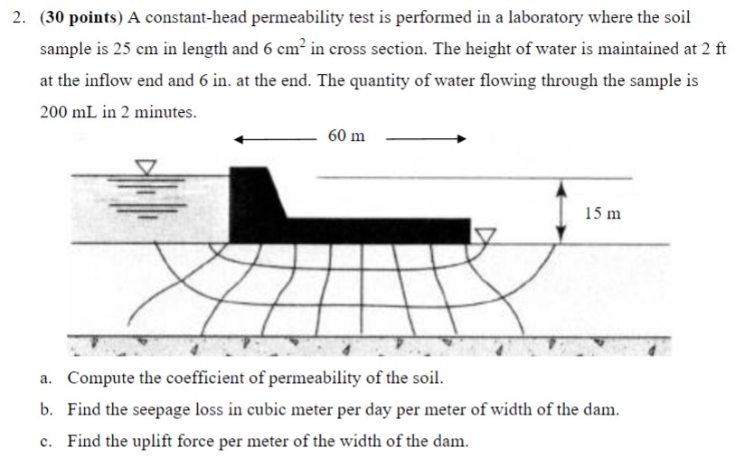 Solved (30 points) A constant-head permeability test is | Chegg.com Solved (30 points) A constant-head permeability test is | Chegg.com