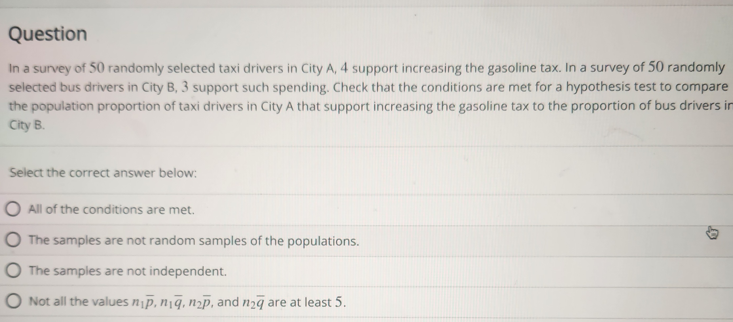 Solved In a survey of 50 randomly selected taxi drivers in | Chegg.com