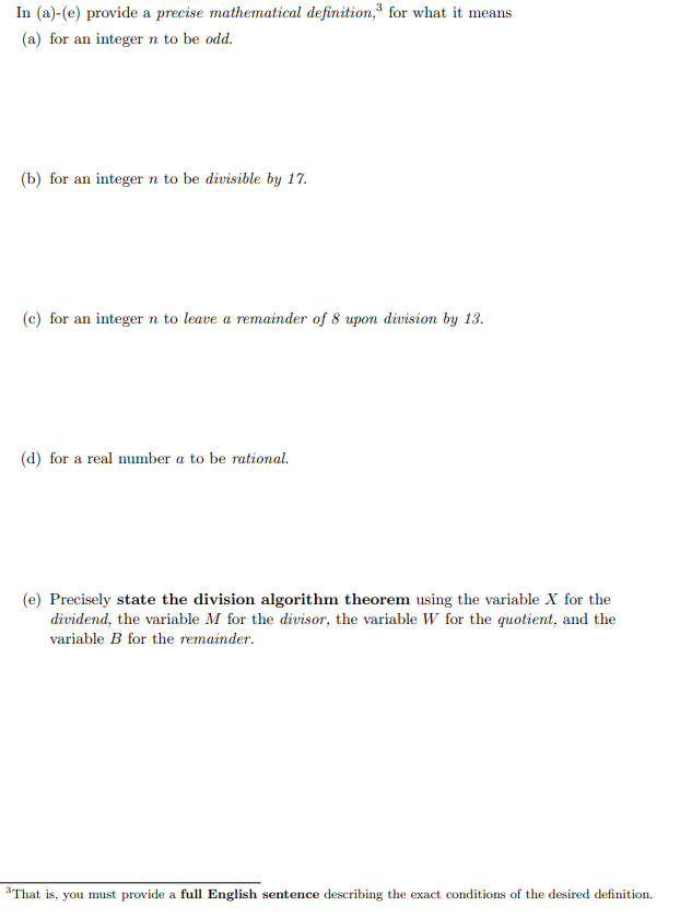 Solved In (a)-(e) provide a precise mathematical definition, | Chegg.com