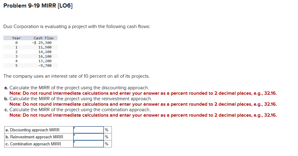 Solved Problem 9-19 ﻿MIRR [LO6]Duo Corporation is evaluating | Chegg.com
