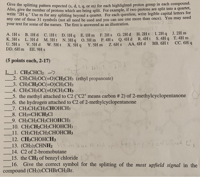 Solved Give the splitting pattern expected (s, d, t, q, or | Chegg.com
