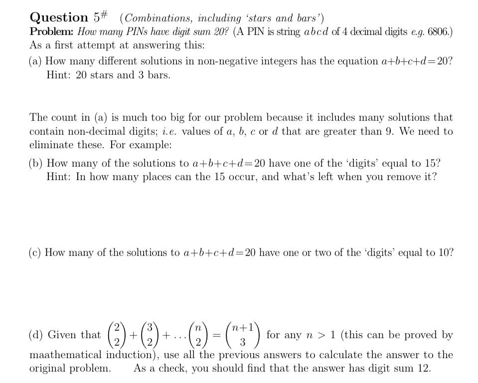Problem: How many PINs have digit sum 20? (A | Chegg.com