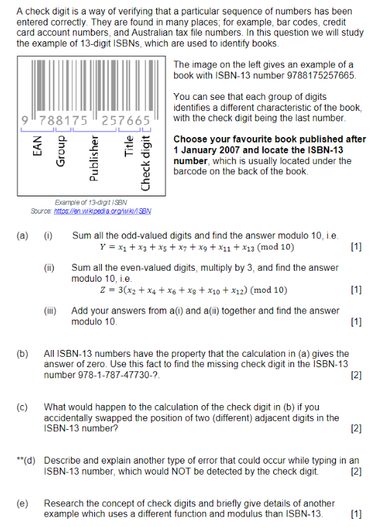 Solved A check digit is a way of verifying that a particular | Chegg.com