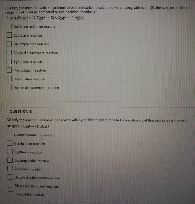 Solved Classify the reaction table sugar burns to produce | Chegg.com