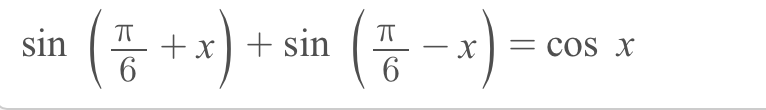 Solved sin(6π+x)+sin(6π−x)=cosx | Chegg.com