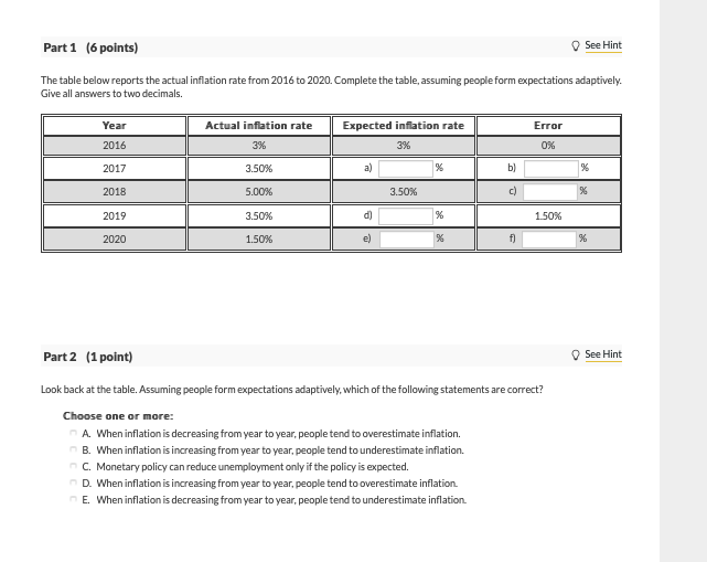 Solved Part 1 (6 points) See Hint The table below reports | Chegg.com