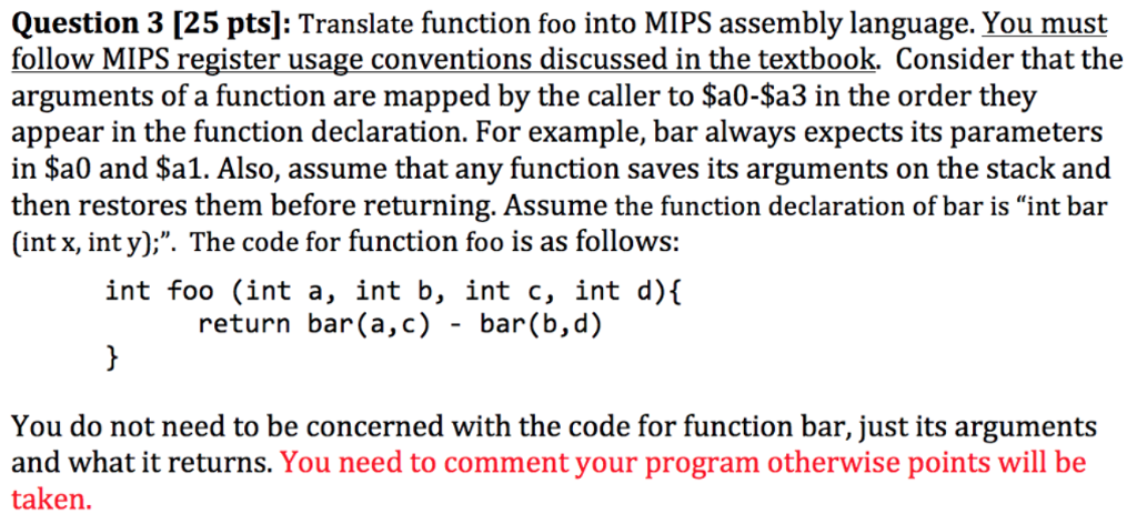 Solved Question 3 25 Pts Translate Function Foo Into Mips 1833