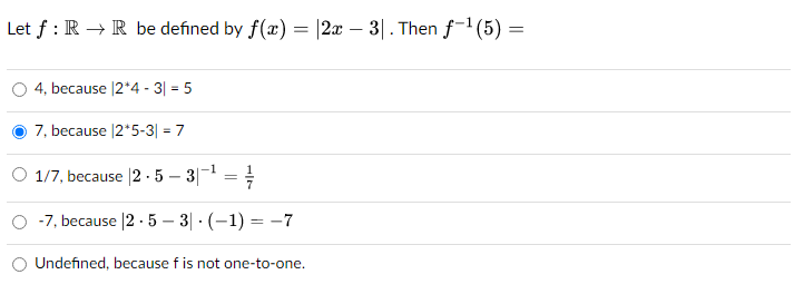 Solved Let f:R→R be defined by f(x)=∣2x−3∣. Then f−1(5)= 4 , | Chegg.com